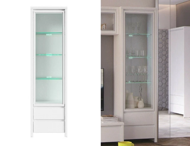 WHITE TALL GLASS Display Cabinet Unit LED Light Drawer Slim Buffet ...