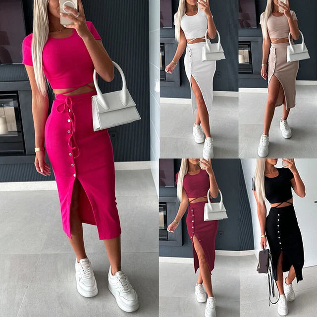 ZWEITEILIGES SET FÜR Damen Midi-Rock Crop-Top Lässiger Freizeitanzug ...