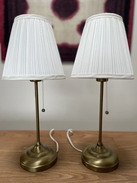 IKEA A PAIR Of Arstid Brass Table Lamp Pull Switch White pleated Shade ...