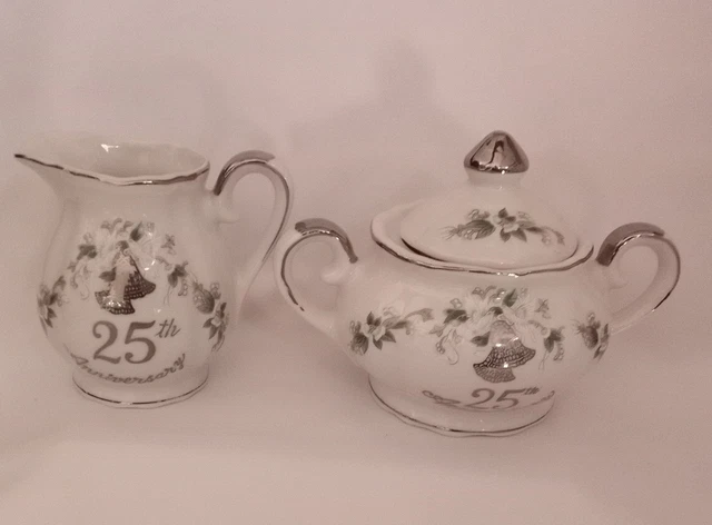LEFTON CHINA SILVER 25th Anniversary Sugar and Creamer Set Hand-Painted ...