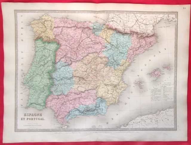 LARGE MAP OF Spain and Portugal Atlas ANDRIVEAU STUD 1866 53x70cm £17. ...