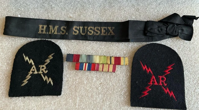 WW2 ROYAL NAVY Rating Hms Sussex Heavy Cruiser Cap Tally Medal Ribbons ...