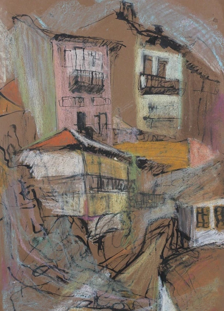 DESSIN AU PASTEL/ENCRE vintage paysage de vue sur la rue de la vieille ...