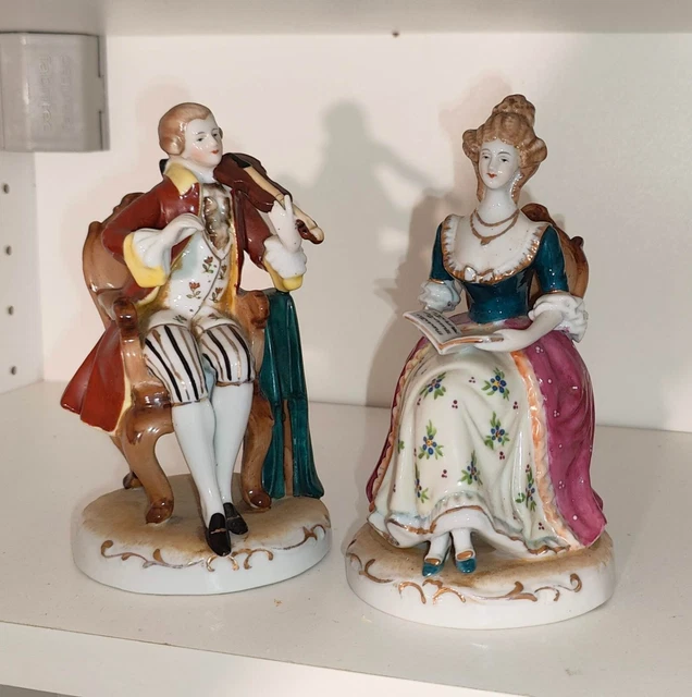 MARUYAMA OCCUPIED JAPAN FIGURINE Man & Woman Sitting in CHAIR Violin ...