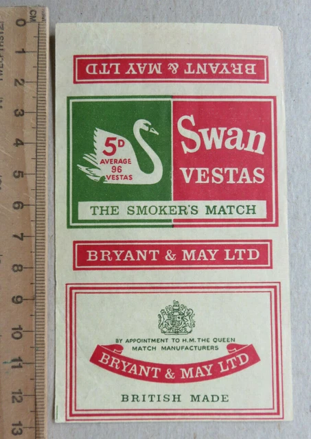 LARGE SIZE OLD Swan Wax Vestas Match Box Label Byrant & May $15.00 ...