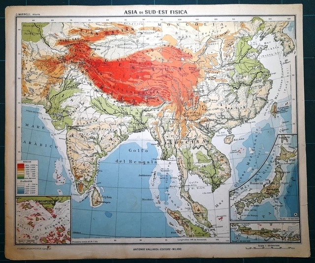 CARTA GEOGRAFICA ANTICA ASIA FISICA ante 2 guerra mondiale 1936 Antique ...