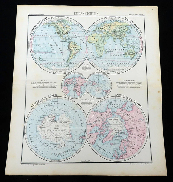 ANTIQUE MAP OF The World Globe North Pole South Polar Region Sphere ...