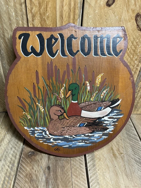 VINTAGE WOODEN WOOD Welcome Sign Mallard Ducks Hand Painted 10x10in ...