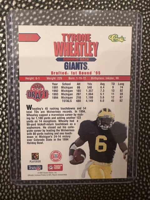 1995 CLASSIC DRAFT Rookie #17 TYRONE WHEATLEY Michigan New York Giants ...
