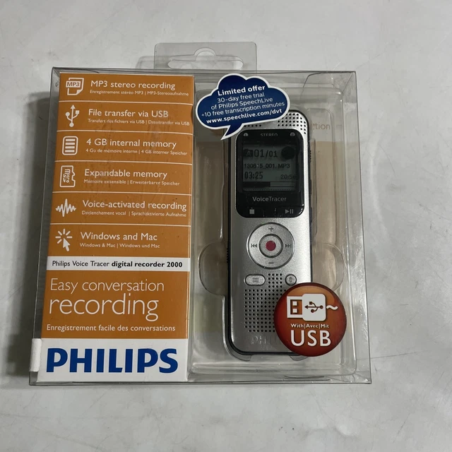 PHILIPS VOICE TRACER Digital Audio Recorder 2000 4GB Memory NOB $22.77 ...