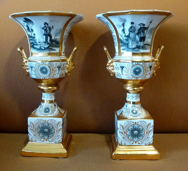 2 ANTIKE AMPHOREN Vasen - Grisaille Malerei - Prunk Amphoren mit Gold ...
