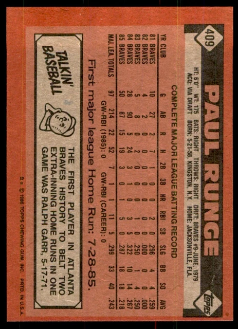 1986 TOPPS PAUL Runge recrue Atlanta Braves #409 EUR 2,03 - PicClick FR