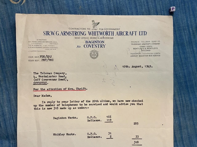 RARE LETTER ARMSTRONG Whitworth Aeronautics, Aviation 1949 EUR 15,52 ...