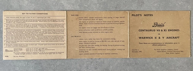 ORIGINAL WW2 RAF Pilot's Notes Bristol Centaurus Engines in Warwick ...