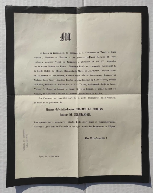 FAIRE PART DECES 1871 Gabrielle Louise CHOLIER DE CIBEINS baronne DE JERPHANION EUR 30,00 ...