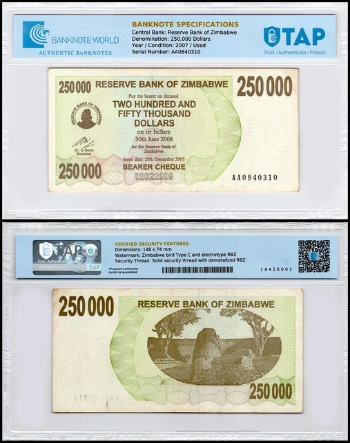 ZIMBABWE 250000 DOLLARS Bearer Cheque, 2007, P-50, Used, Authenticated ...