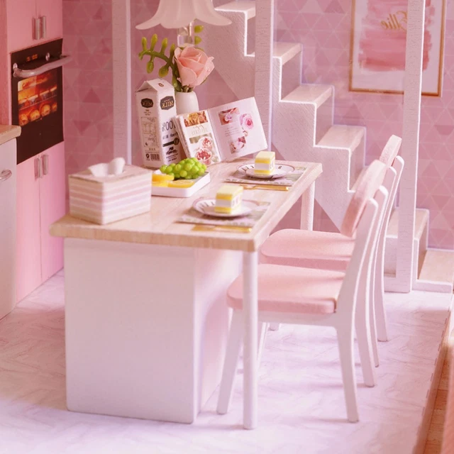 DIY MINIATURE DOLLHOUSE Kit LED Mini 3D Pink Wooden House Room Gift UK6 ...