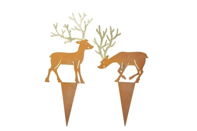 RUST GOLD DEER Reindeer 2 Set Garden Plant Stake Christmas £8.82 ...
