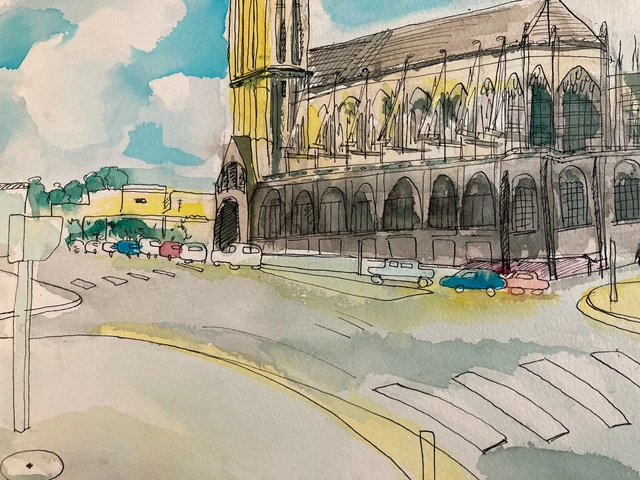 BEAUTIFUL WATERCOLOR DRAWING landscape painting church Saint Pierre De ...