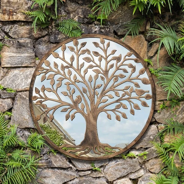 GARDEN MIRROR TREE Silhouette Wall Panel Frame Round Decor Ornament ...
