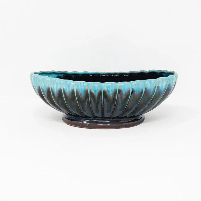 VINTAGE CERAMIC RIBBED Planter Brown With Turquoise Drip Glaze ...