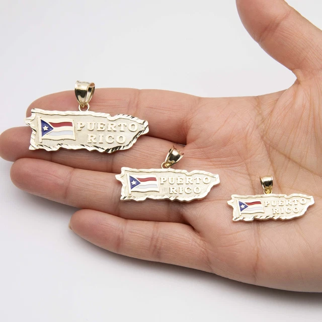 DIAMOND-CUT PUERTO RICO Map & Flag Pendant Real 10K Yellow Gold All ...
