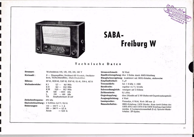 SERVICE MANUEL D'INSTRUCTIONS pour Saba Freiburg W, W4, W10 Année 1950/ ...