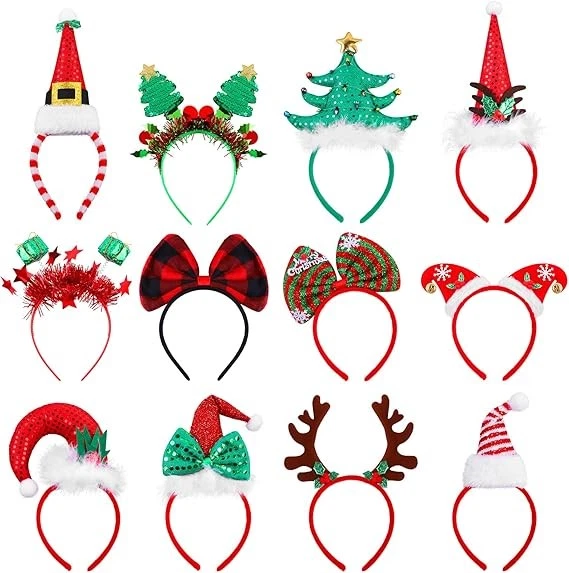 ANECO 12PCS CHRISTMAS Headbands Assorted Santa Reindeer Elf Tree Party ...