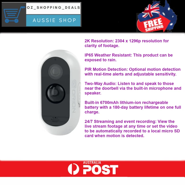 NEW ORION 2K Smart HD Grid Connect Outdoor Security Camera with Battery ...