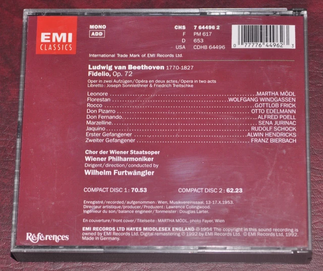 BEETHOVEN - FIDELIO, Modell/Windgassen/Furtwangler aufgenommen 1953, EMI 2 CD Set EUR 10,27 ...