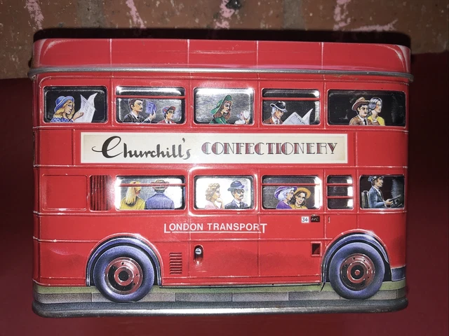 CHURCHILL'S CONFECTIONERY DOUBLE decker bus coin box empty tin ...