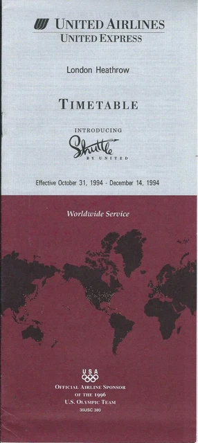 AIRLINE TIMETABLE - United - 31/10/94 - London Heathrow LHR edition $12 ...