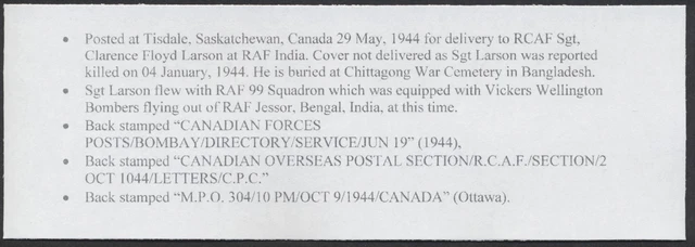 1944 MILITARY CANADIAN Forces Posts Bombay Addressee Reported Killed ...