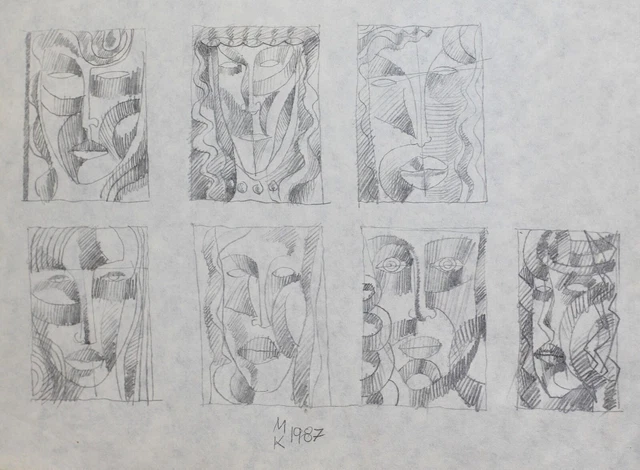 PENCIL DRAWING ABSTRACT composition faces signed $90.00 - PicClick