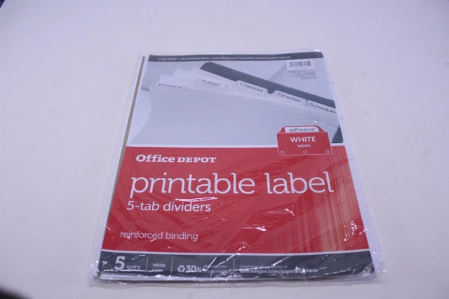 OFFICE DEPOT WHITE Adhesive Printable Labels 5-tab Dividers 1 Package w ...