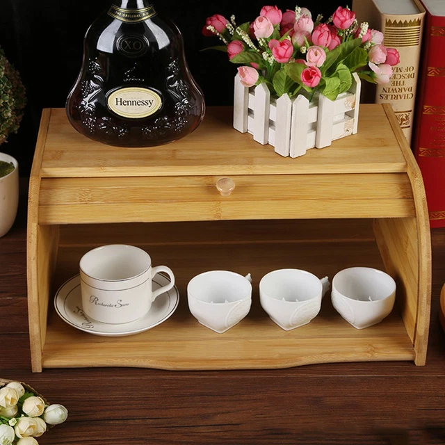 15 INCH BAMBOO Wood Bread Bin Roll Top Food Storage Container Box Food ...