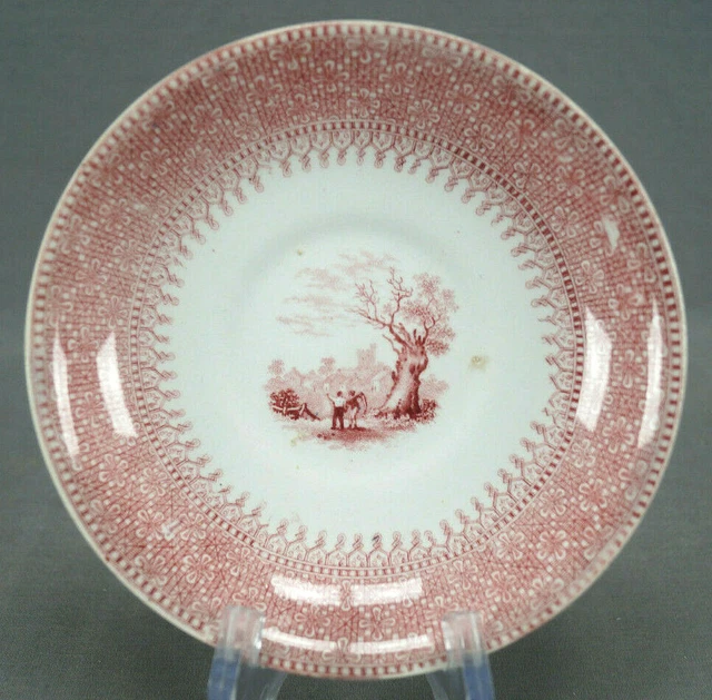 BRITISH TWO FARMERS With Scythe Tree & Houses Red Transferware Saucer C ...