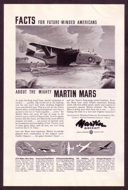 1940S WWII WW2 Vintage Martin Aircraft Mars Flying Boat Cargo Plane Art ...