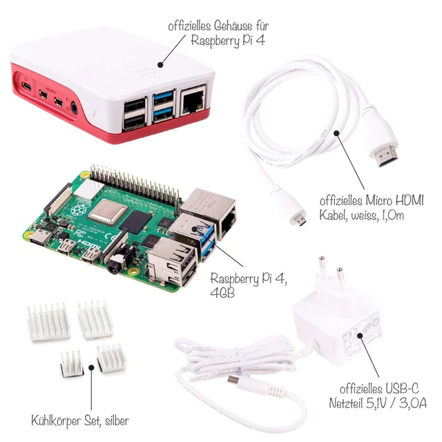 RASPBERRY PI 4 Ordinateur Modèle B 4GB RAM Lumière Démarreur Kit, Blanc ...