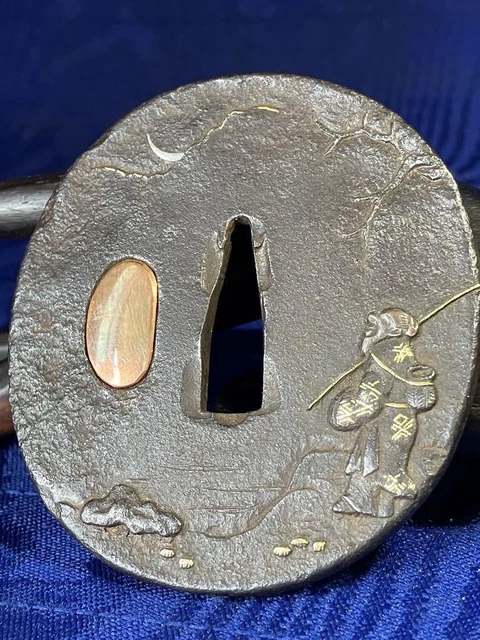 TSUBA ANTIQUE ÉPÉE Japonaise Lune et Pêcheur Incrustation d'Or et d ...
