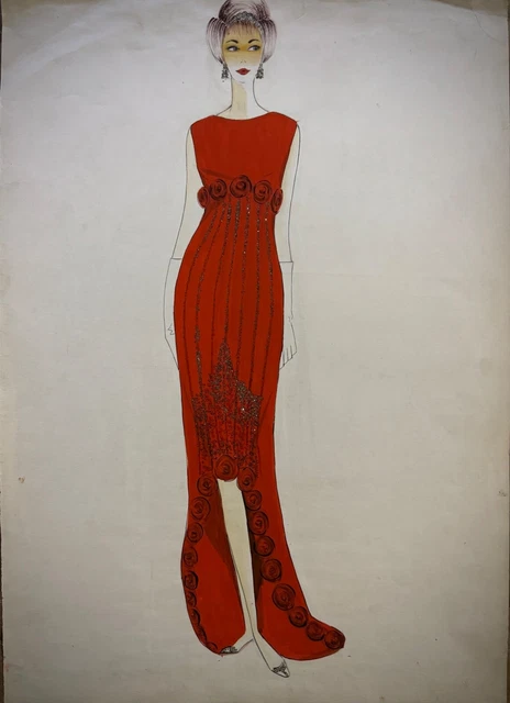 MODA - BOZZETTO originale preparatorio dipinto a tecnica mista -' 50 ...