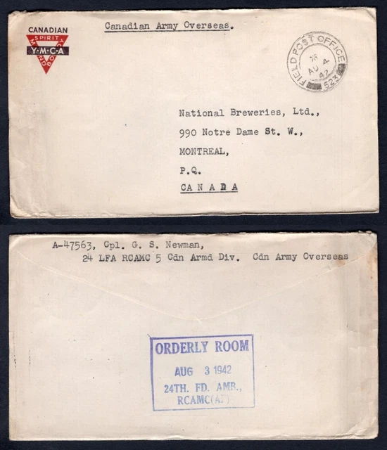 GB WW2 YMCA 1942 Cover to Canada. Unit Stamp. RCAMC 5 Cdn Armrd Div ...