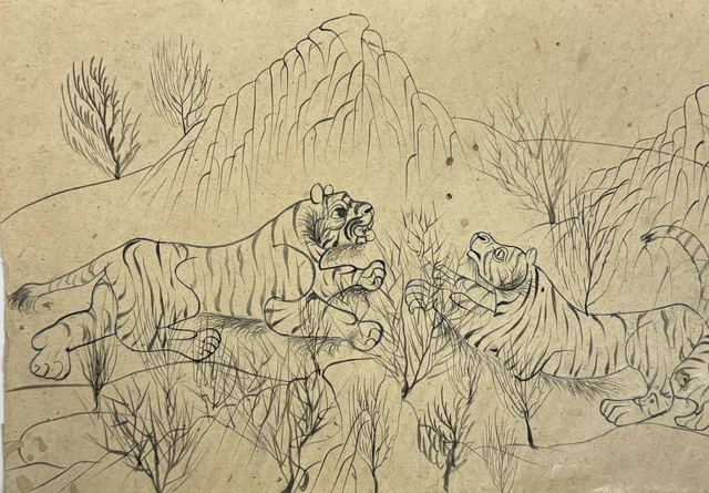 WILD LIFE HANDMADE Indian Tigers Jungle Sketch Old Miniature Painting ...
