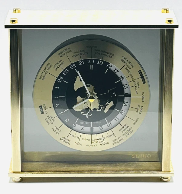SEIKO WORLD TIME Zone Airplane Second Hand Quartz Desk Mantel Clock QQZ ...