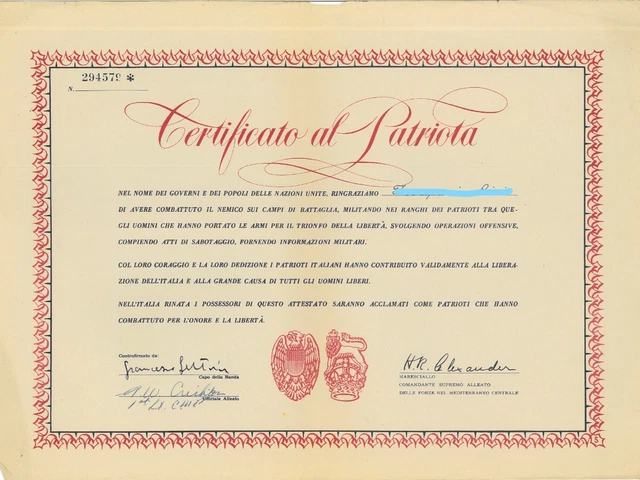 DIPLOMA DI PARTIGIANO. Certificato al Patriota, firma del Capo Banda e ...