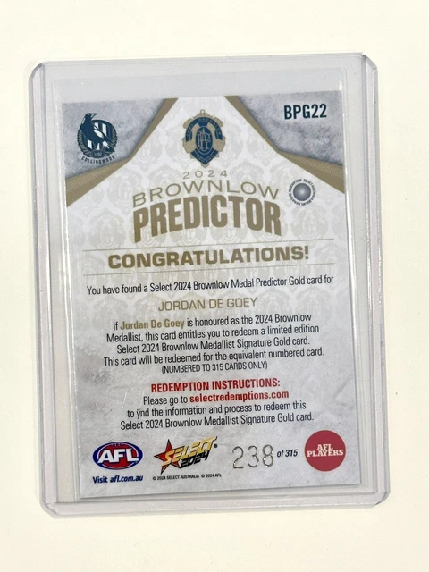 2024 AFL FOOTY Stars Jordan De Goey Brownlow Predictor Card #271 $39.00 ...
