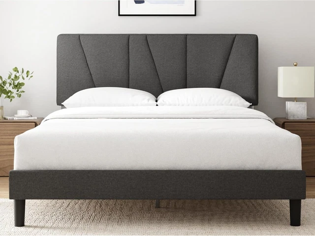 ZINUS MAYA KING Size Bed Frame 5ft Upholstered Dark Grey Wooden Slats £ ...