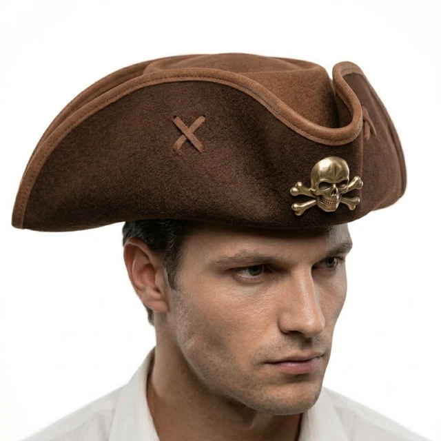 MEN'S BROWN PIRATE Tricorn Costume Hat Western Pirate Style Leather Top ...