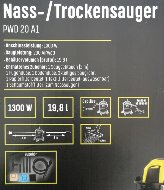 PARKSIDE PWD 20 B2 wet vacuum cleaner dry vacuum industrial vacuum workshop 20L 1300W £56.12 ...