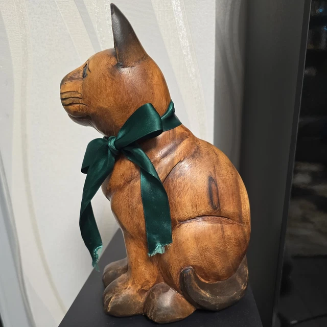 VINTAGE, HAND CARVED Wooden Cat Figurine 28cm×16cm,Solid Wood £13.20 ...